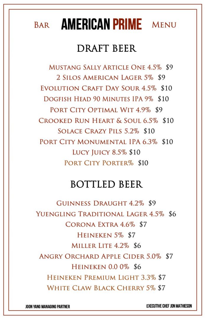Dinner Menu – American Prime